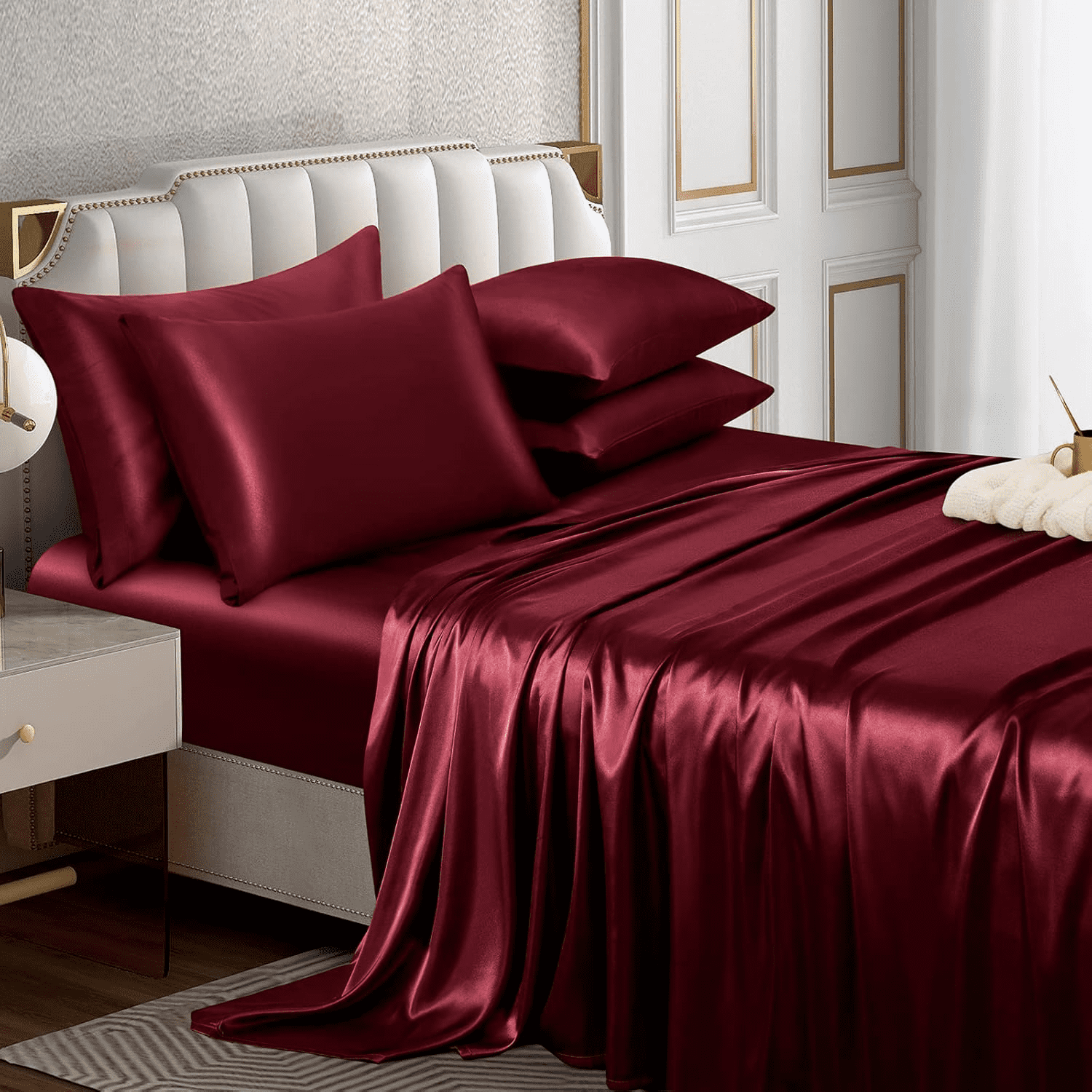 lopnmbvj 6 Piece Satin Sheet Set King Size Silky & Soft Emerald Green ...