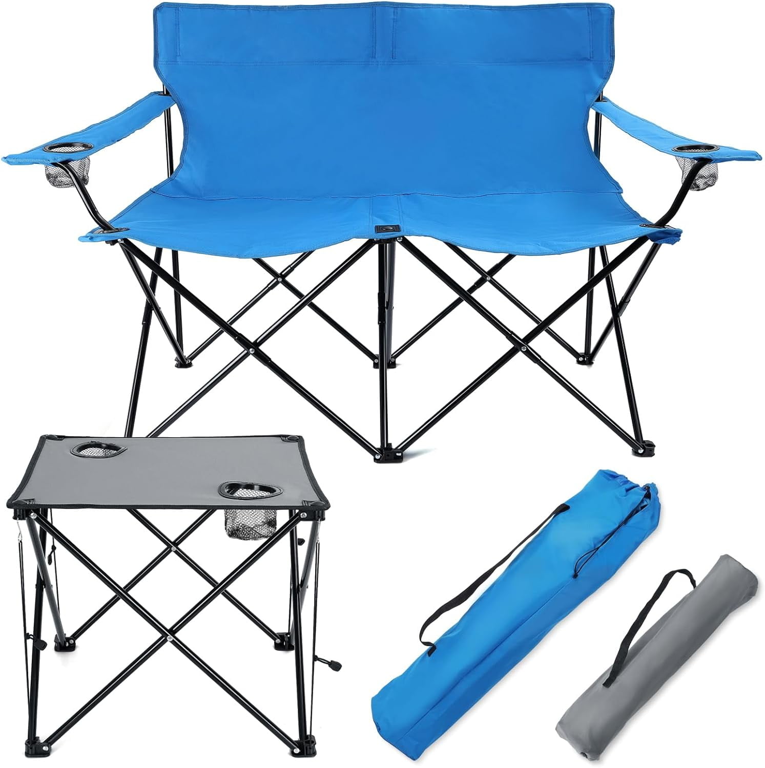 loveseat Camping Chair, Blue Double-Seat Beach Chair with Armrests ...