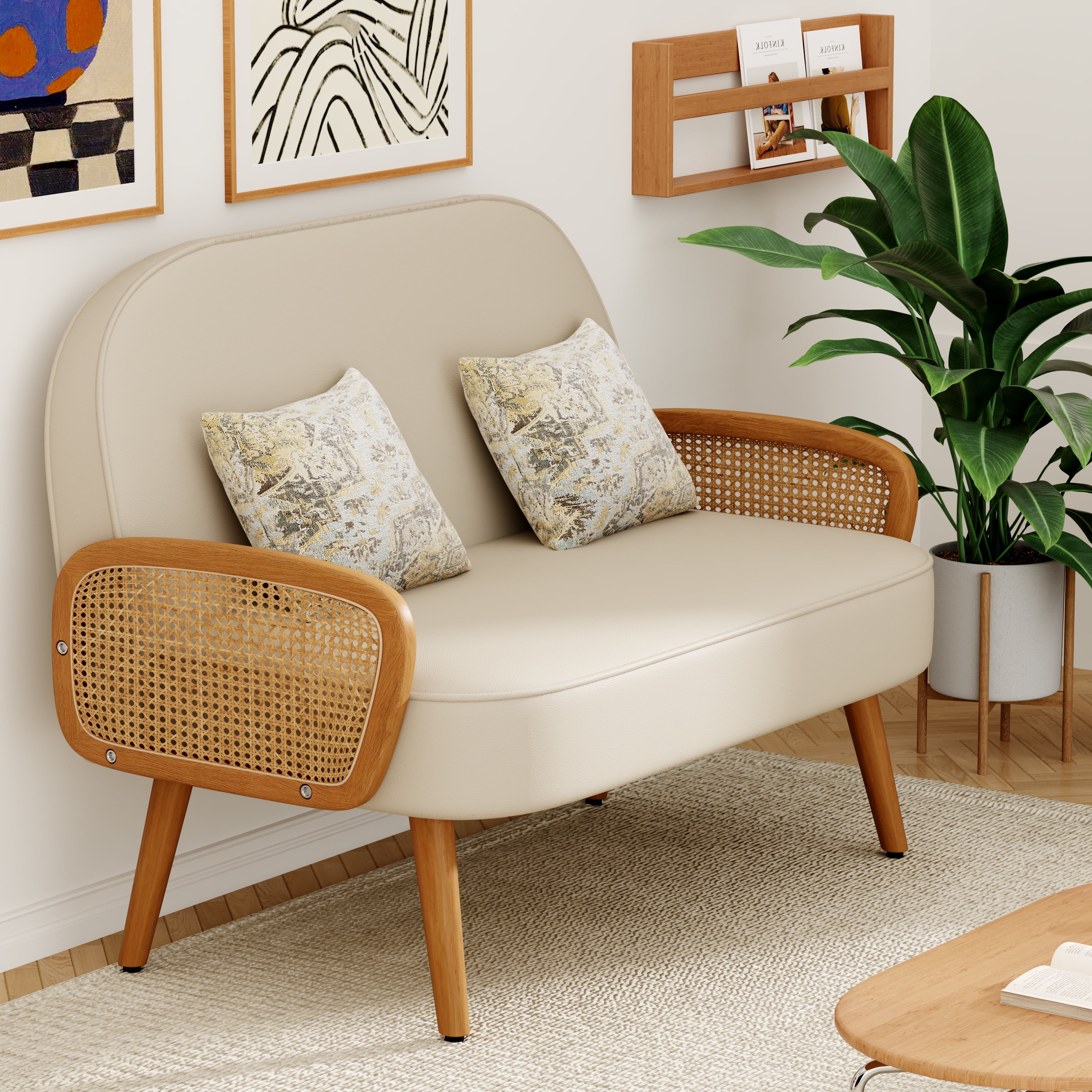 loveseat with Natural Rattan Arms,Upholstered Modern Mini Sofa Couch ...