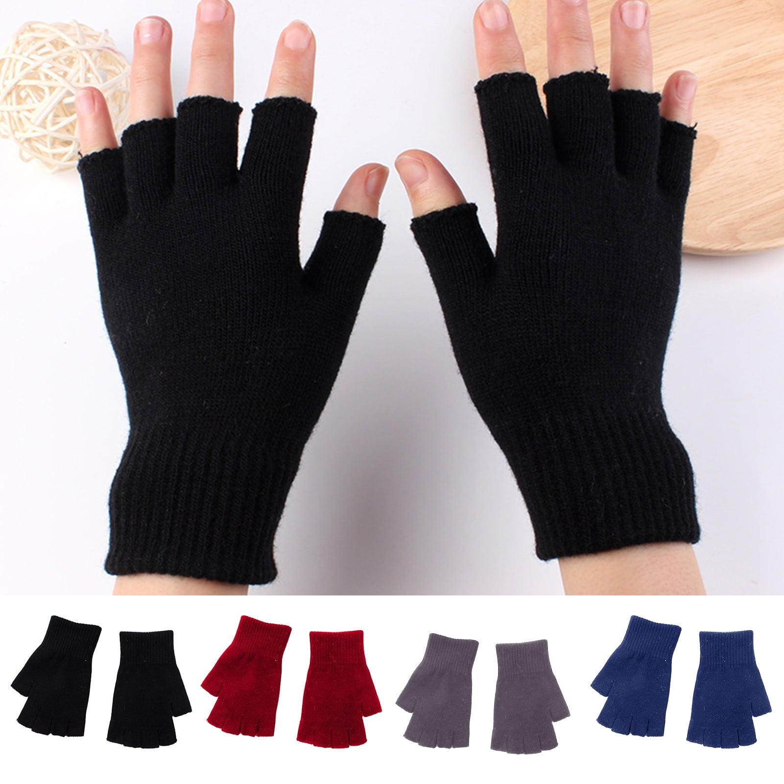 lsiaeian 2 Pairs Half Finger Gloves Winter Knit Touchscreen Warm Stretchy Mittens Fingerless ...