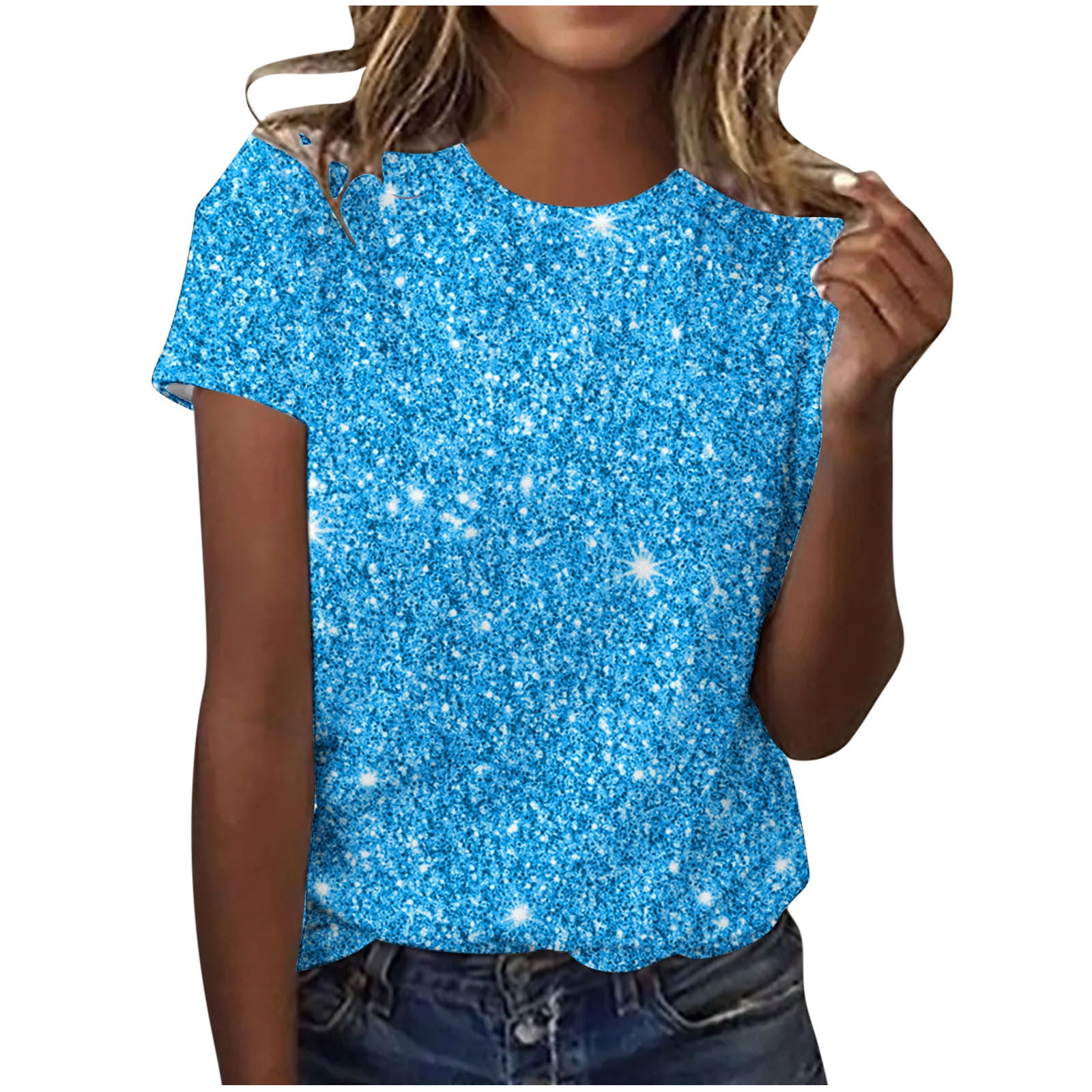 lulshou Women's Summer Short Sleeve Shirts Casual Sparkling Crystal ...