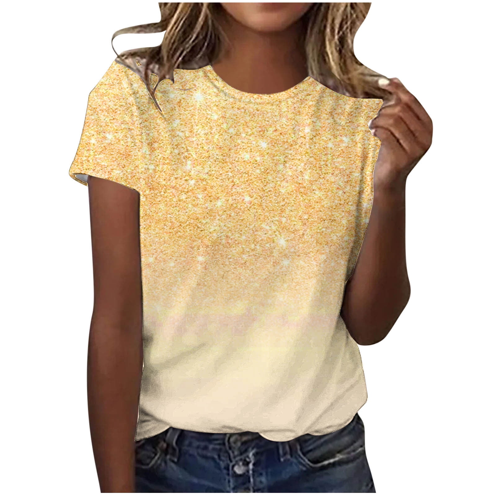 lulshou Women's Summer Short Sleeve Shirts Casual Sparkling Crystal ...