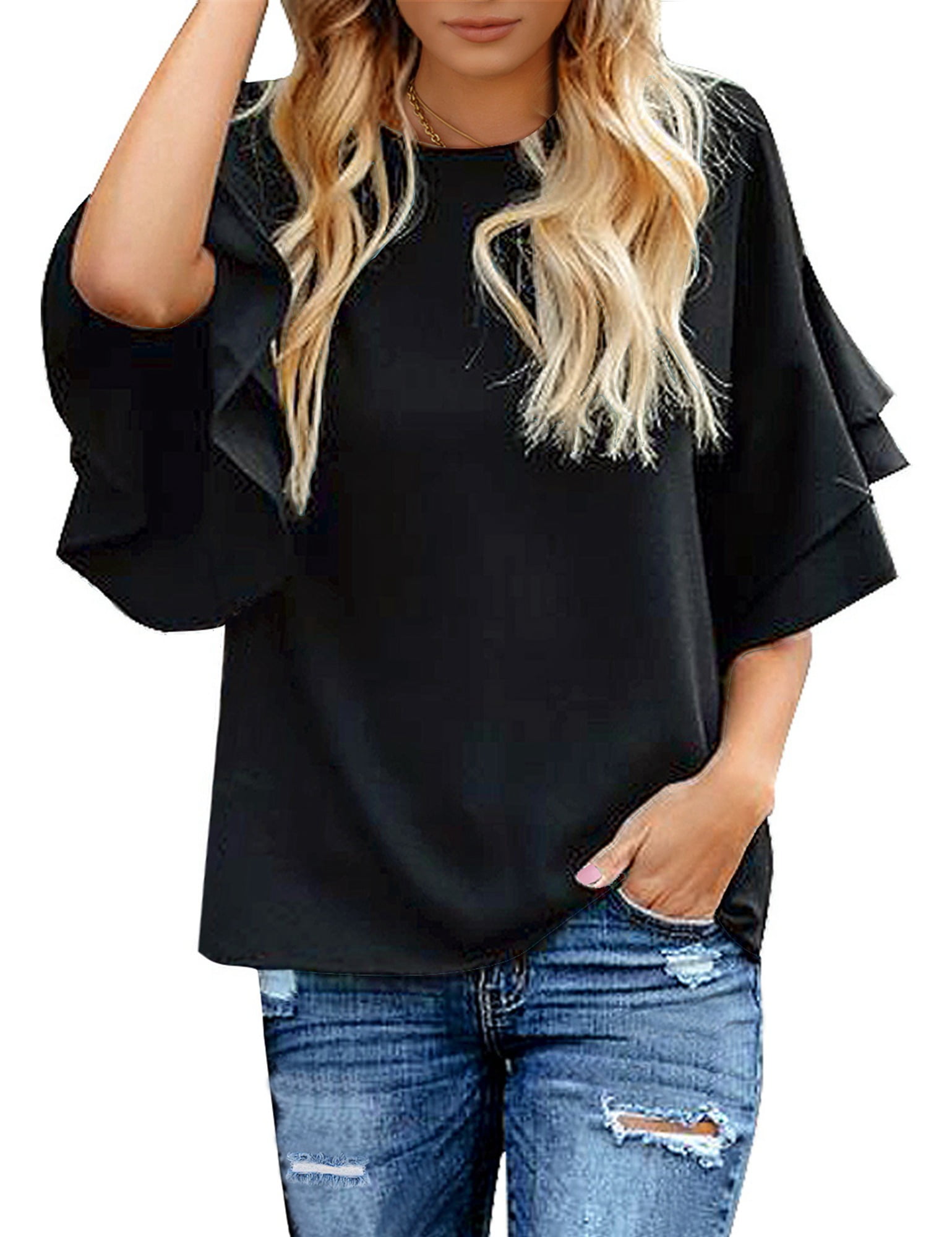 luvamia Ladies Stylish Crewneck Blouses 3/4 Tiered Bell Sleeve Loose ...