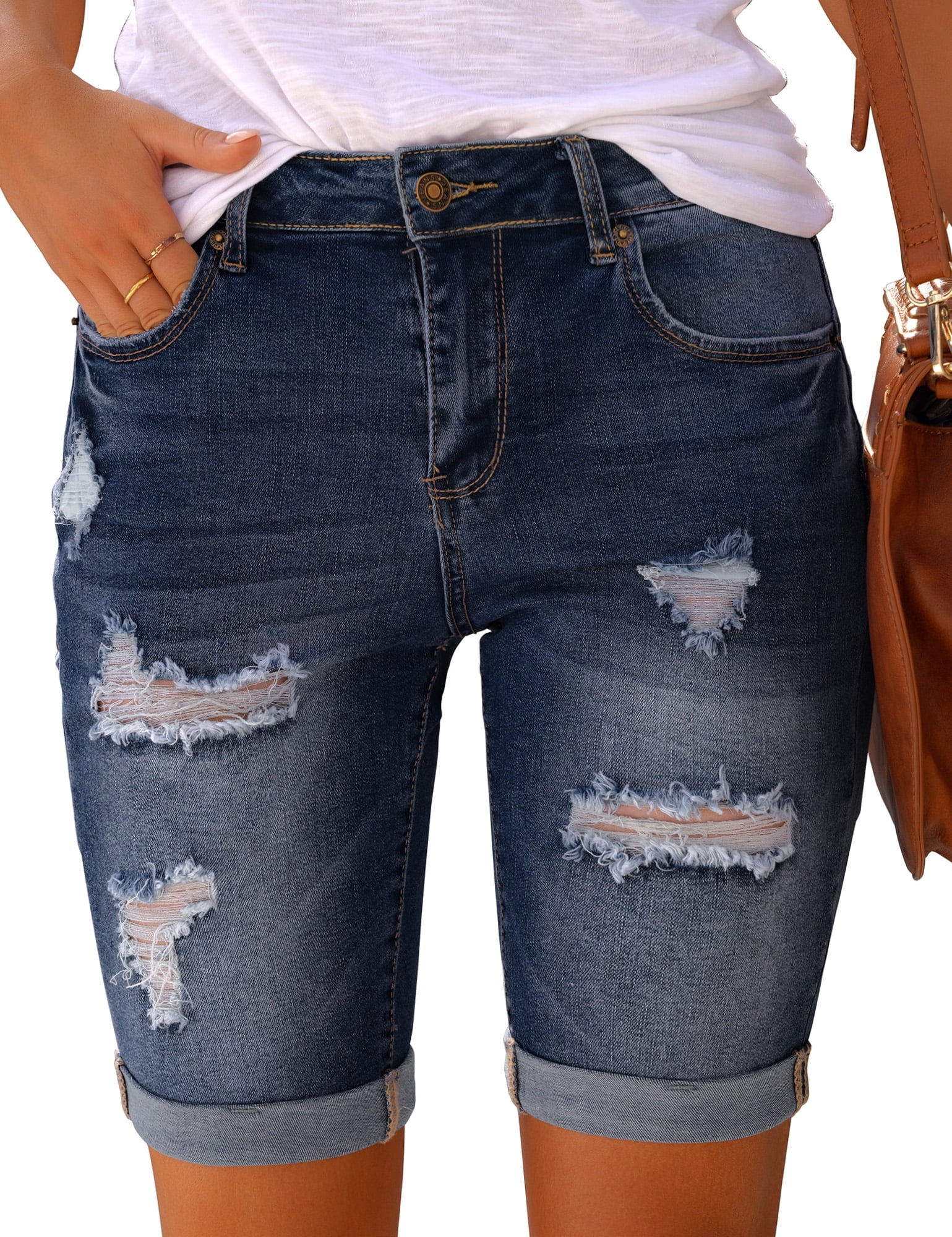 luvamia Women Casual Stretch Bermuda Shorts Ripped Rolled Hem Summer ...