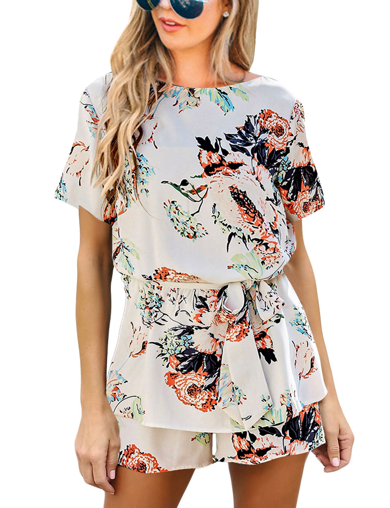 luvamia Women's Floral Print Summer Rompers Short Sleeve Belted Ruffle ...
