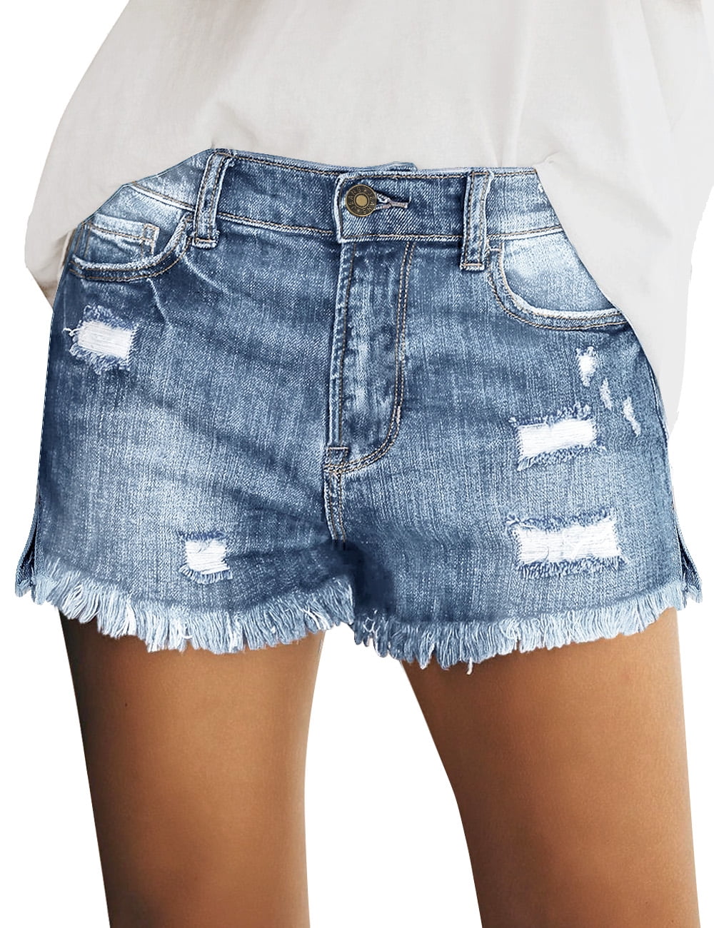 luvamia Women's Mid Rise Denim Shorts, Frayed Ripped, Stretchy, Casual ...