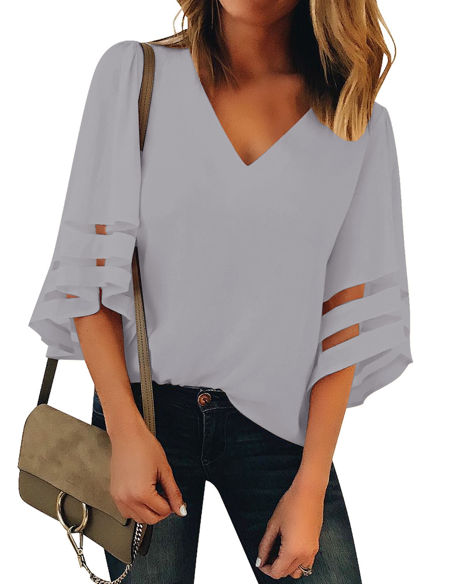 luvamia Women's Sexy V Neck Shirts 3/4 Flowy Sleeve Mesh Patchwork ...