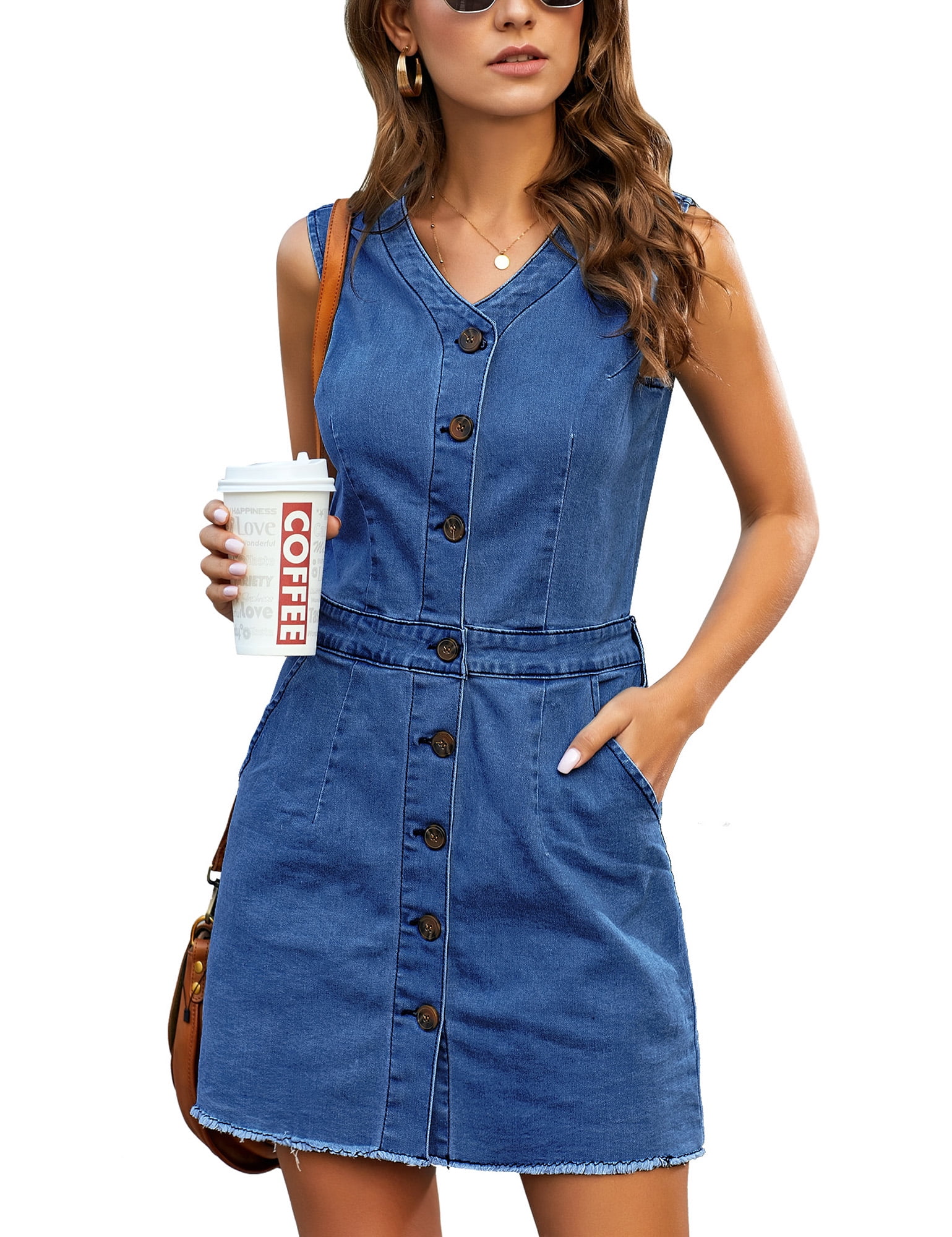 luvamia Womens Denim Dress V Neck Sleeveless Button Down Frayed Hem ...