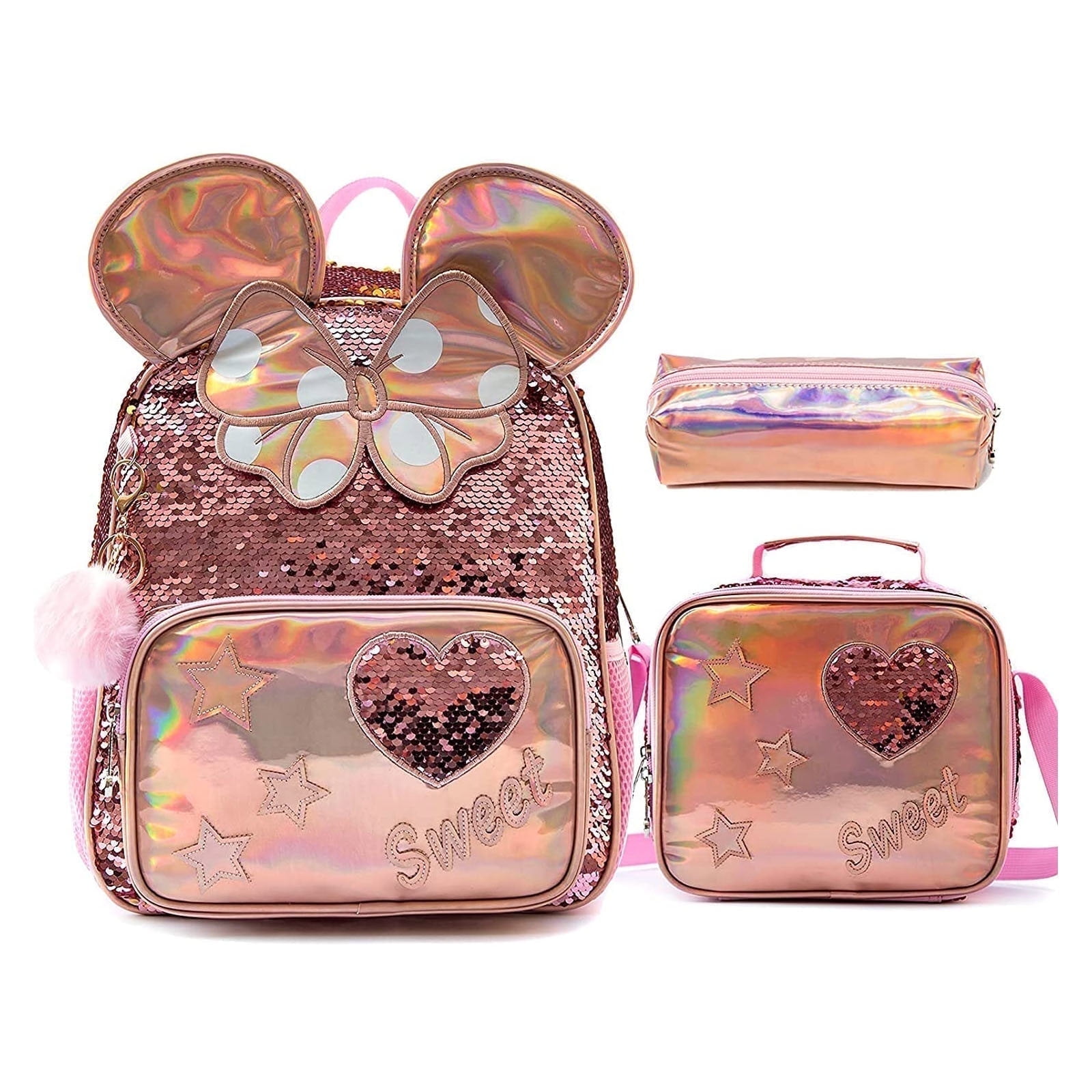 lvyH 3 in 1 Girls School Backpack with Pink Sequins Bow, Durable ...