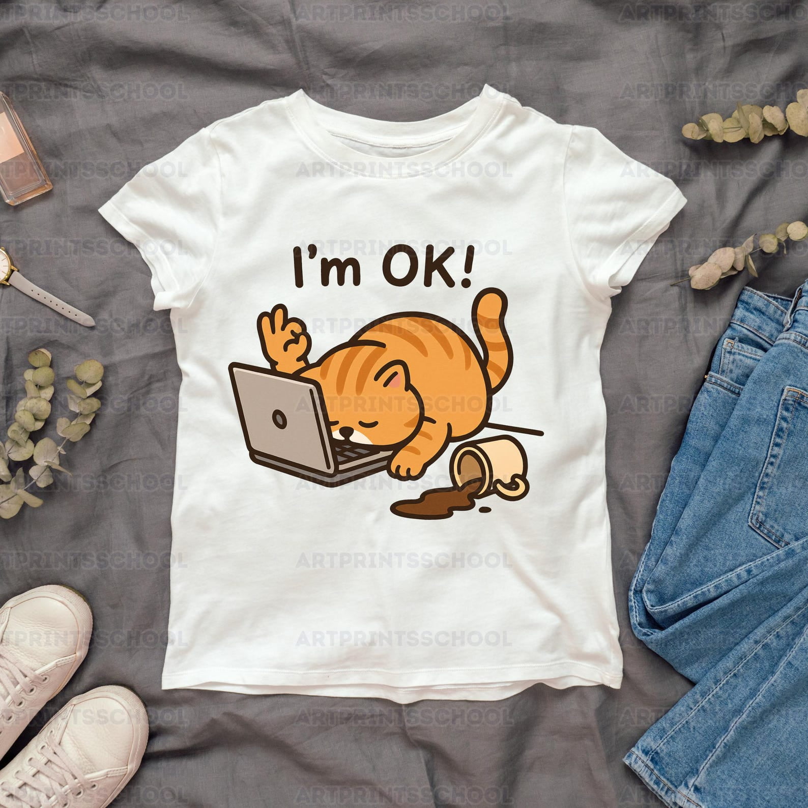 m OK Cat PNG – Funny Coffee Spill Work T-Shirt Design, Cute Overworked Cat Sticker, Trendy Png ...