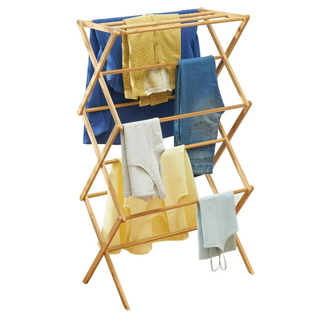 mDesign Bamboo Clothes Drying Rack, Foldable Wooden Laundry Drying Rack ...