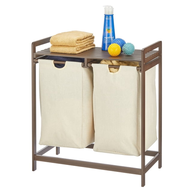 mDesign Bamboo Wood Freestanding Double Laundry Basket Hamper Organizer ...