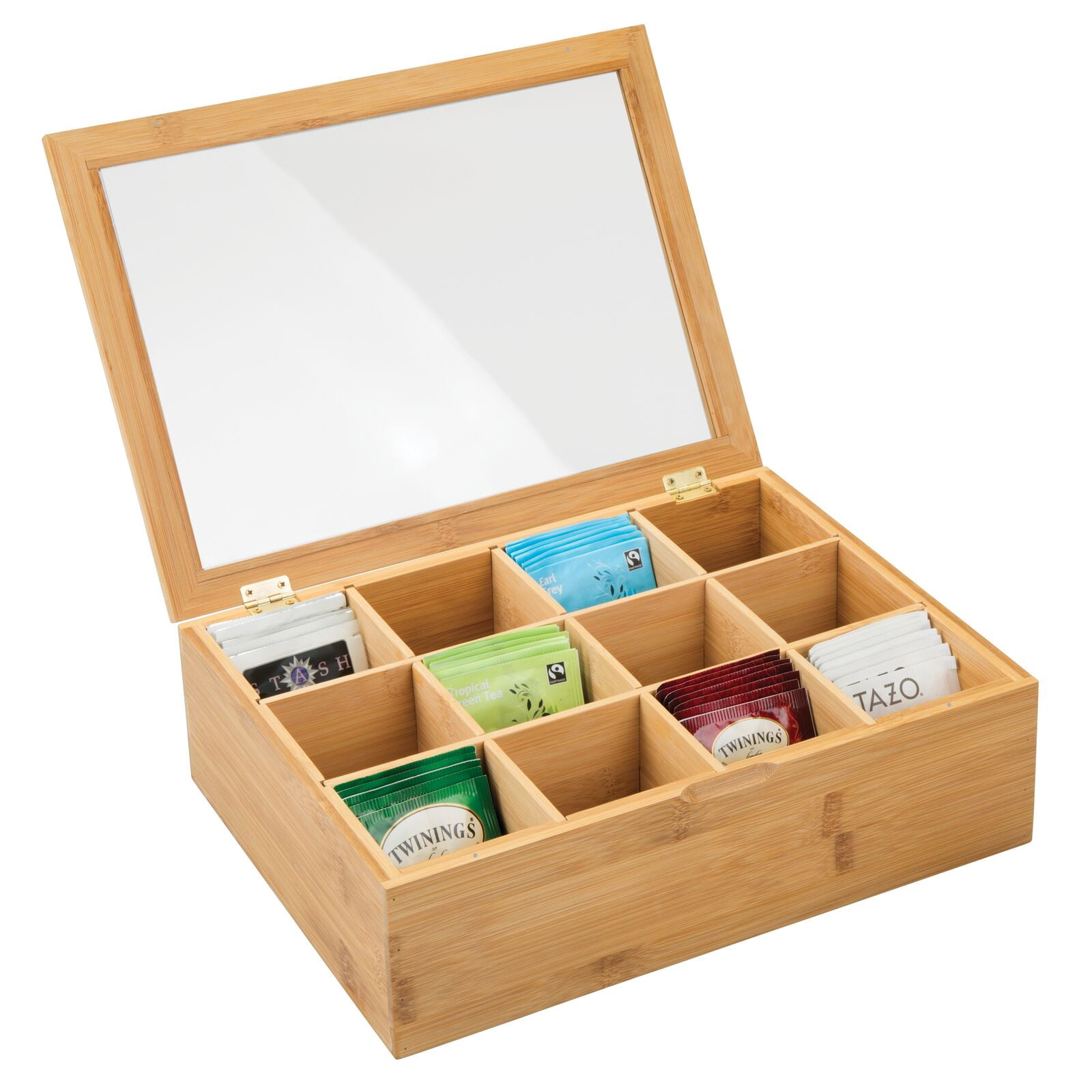 mDesign Bamboo Stackable Tea Organizer with Lid, 12 Divided Sections ...