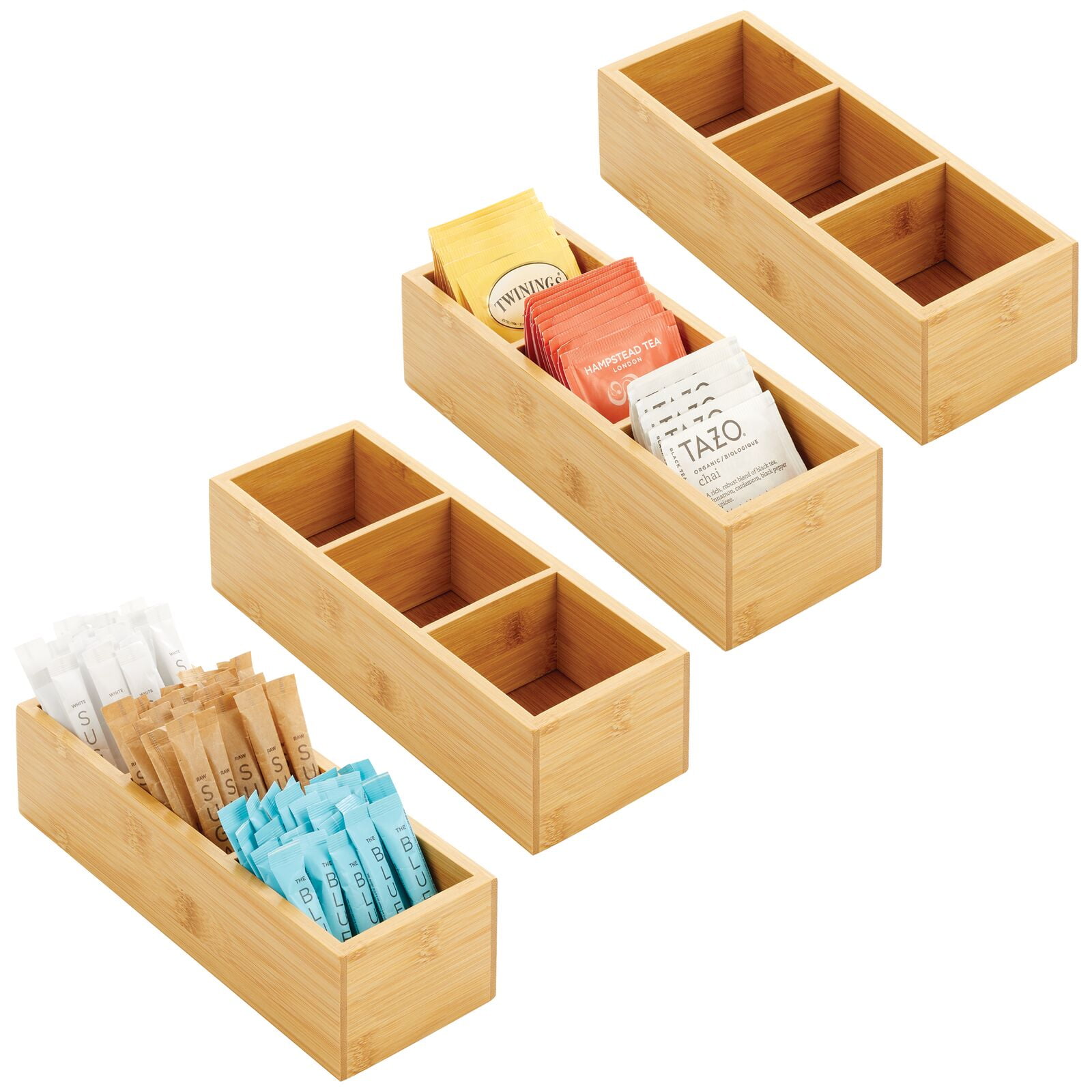 mDesign Bamboo Wood Slim 3 Section Food Storage Organizer Box - 4 Pack ...