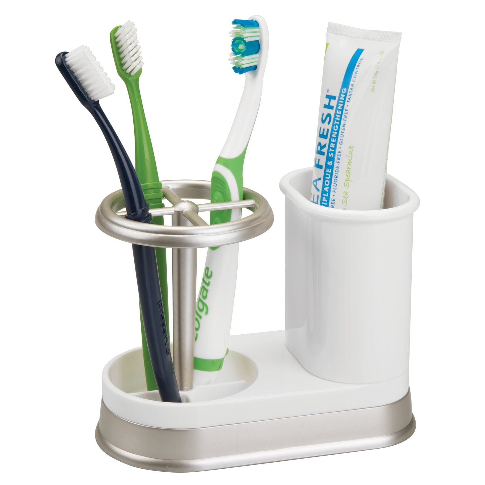 mDesign Plastic Toothbrush Holder Cup with Toothpaste Storage, Bathroom ...