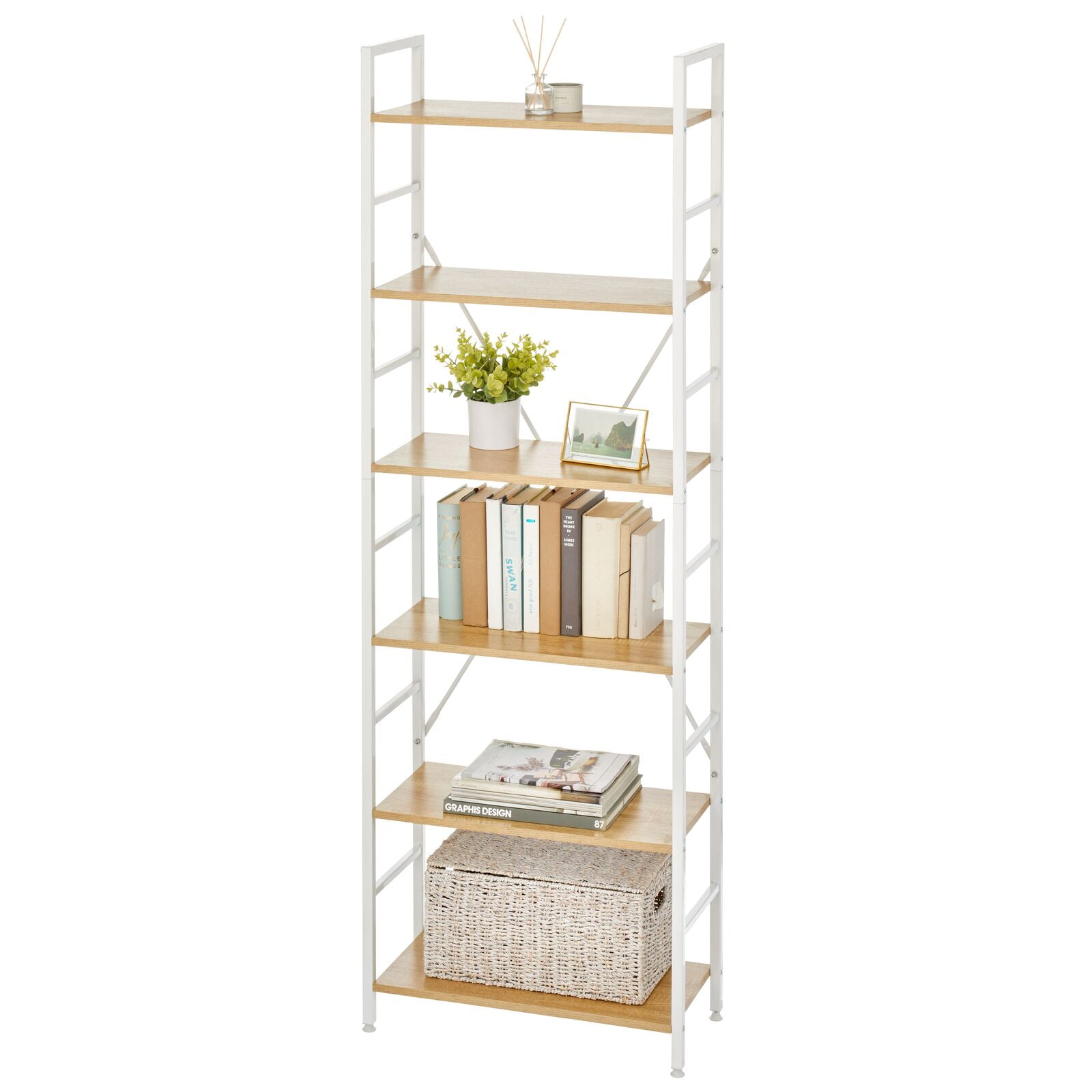 mDesign Industrial Metal/Wood 4 Tier Bookshelf Furniture Storage Unit ...