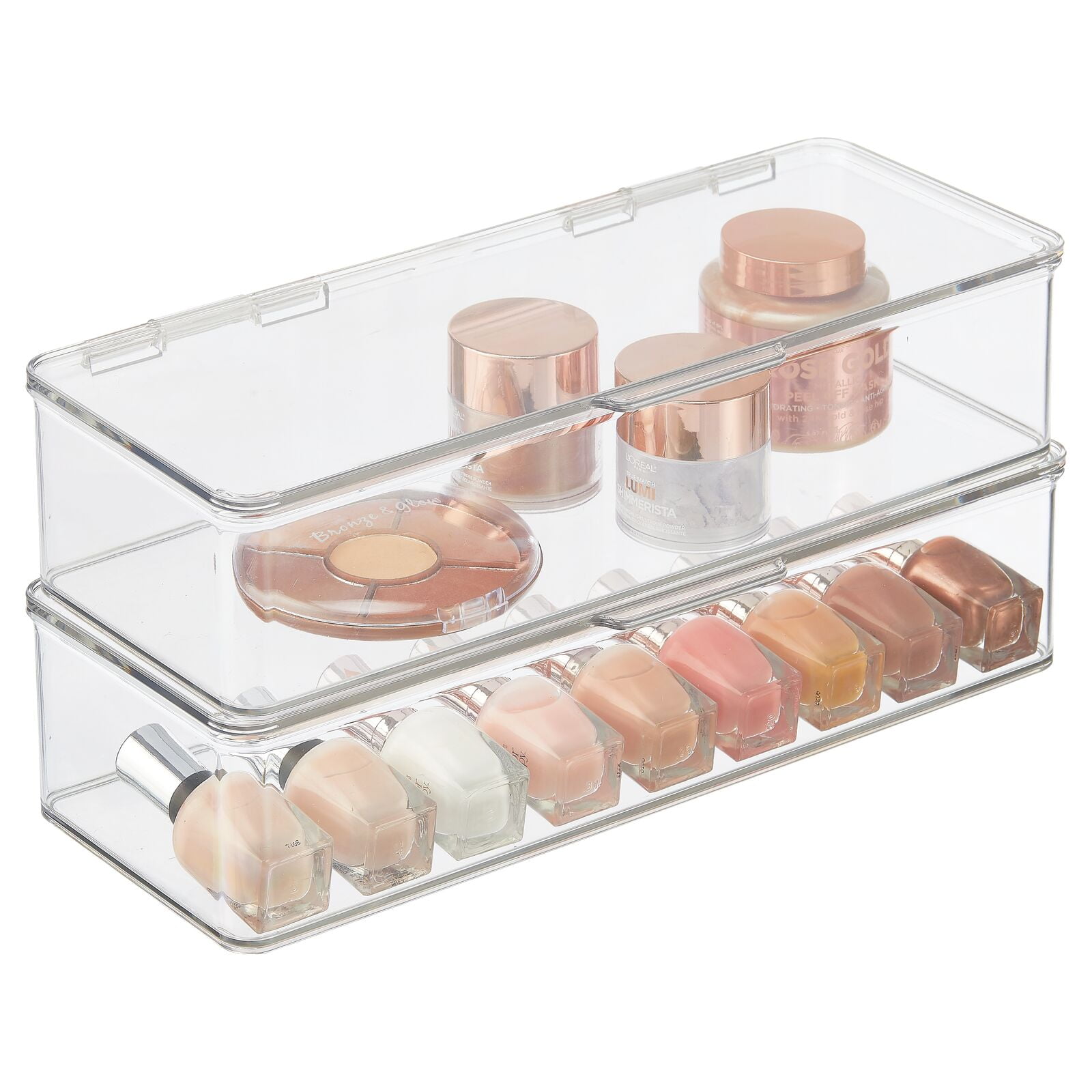 mDesign Long Plastic Cosmetic Storage Organizer Box, Hinge Lid, 2 Pack ...