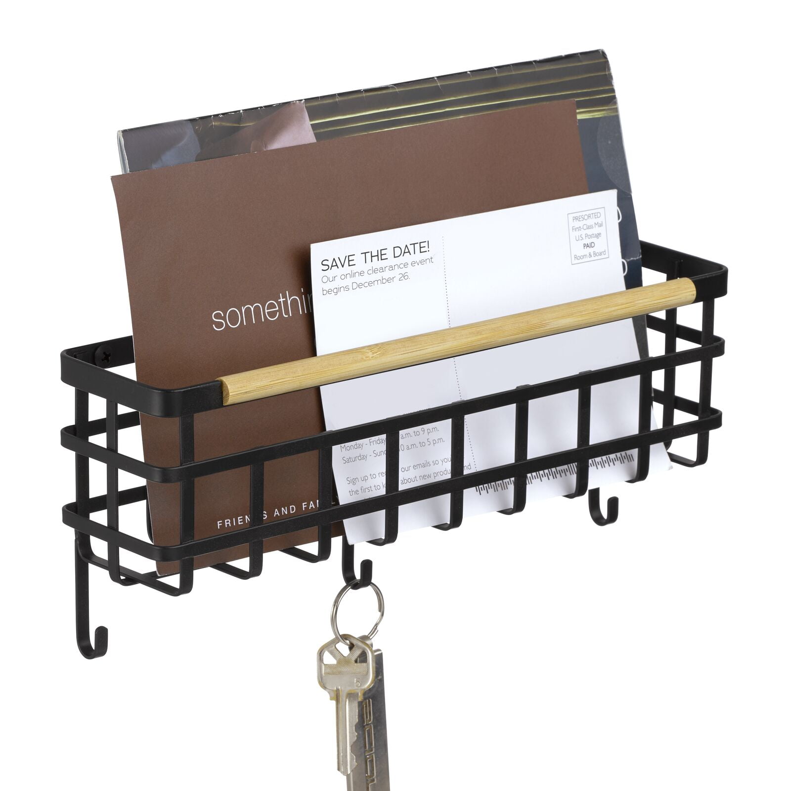 mDesign Metal/Bamboo Wall Mount Mail/Key Holder, 5 Hooks, Matte Black ...