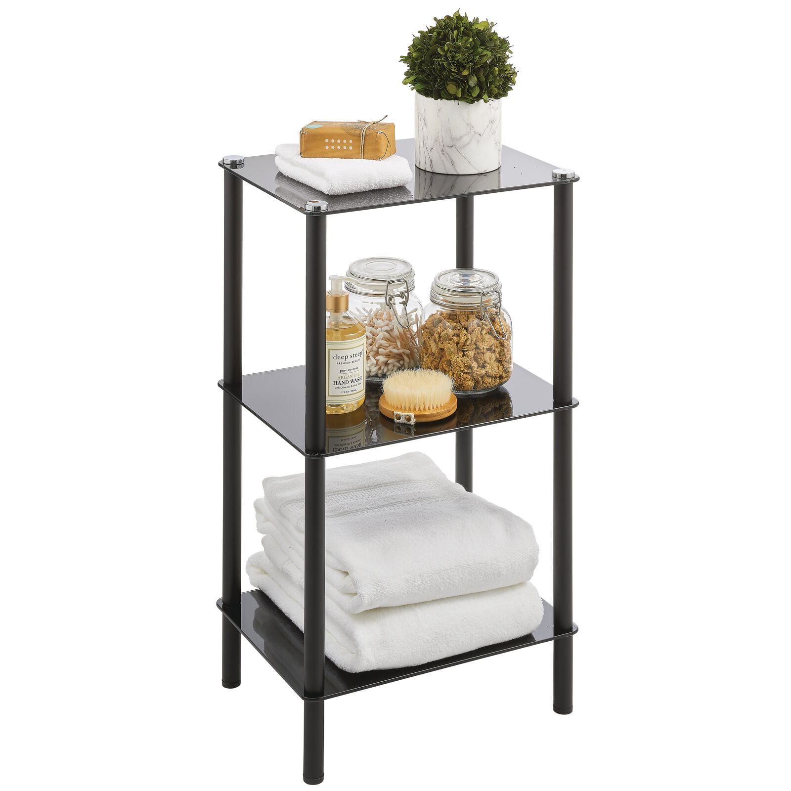 mDesign Metal/Glass 3-Tier Storage Tower with Open Glass Shelves ...