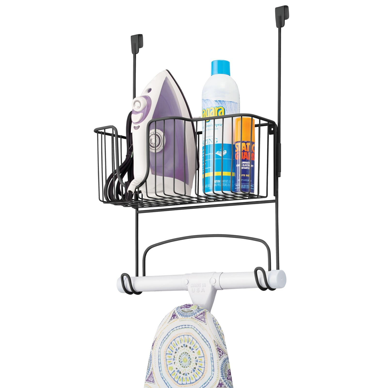 mDesign Metal Over Door Ironing Board Holder with Large Storage Basket ...