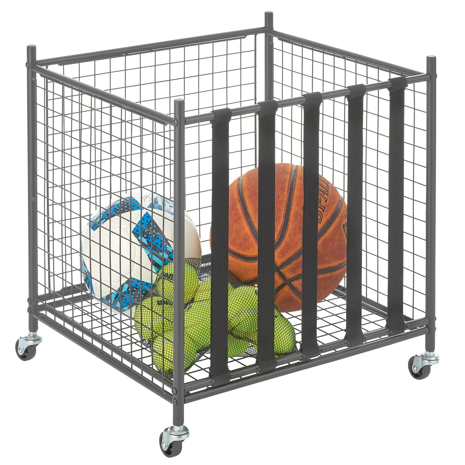 mDesign Metal Rolling Sports Equipment Storage Holder Rack, 4 Wheels ...