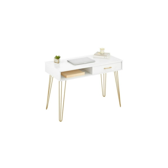 mDesign Wooden Modern Computer Desk with Drawer, White/Soft Brass ...