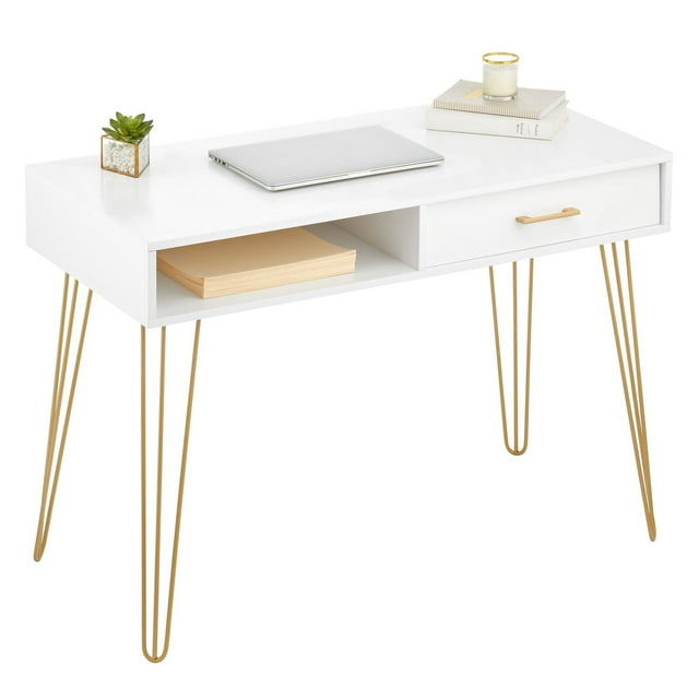 mDesign Metal/Wood Modern Computer Desk, Simple Desk w/ Drawer, White ...