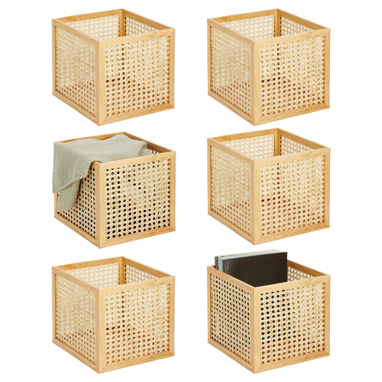 mDesign Natural Cane Square Storage Organizer Bin, 6 Pack, Natural ...