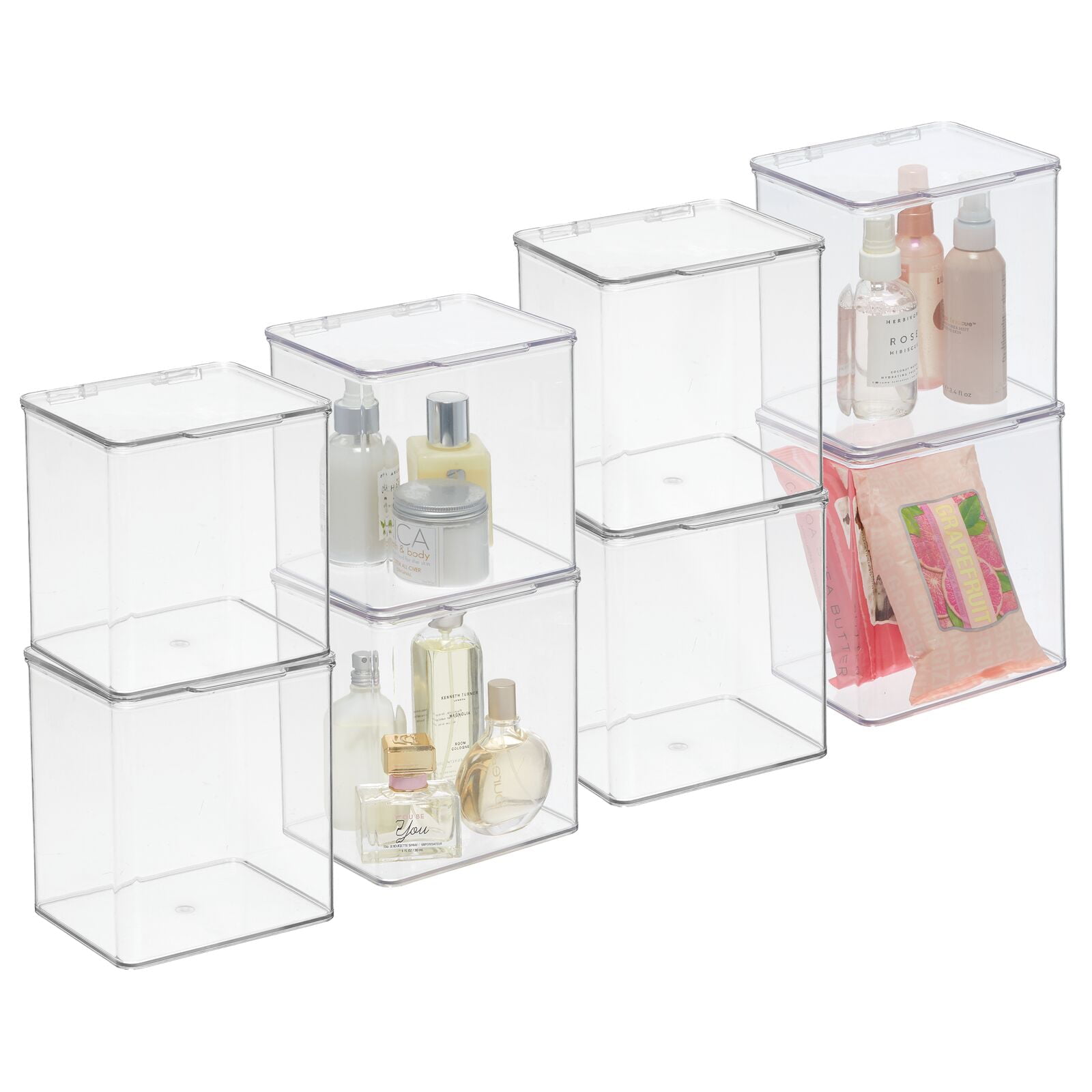 mDesign Plastic Bathroom Stacking Organizer Box with Hinged Lid, 8 Pack ...