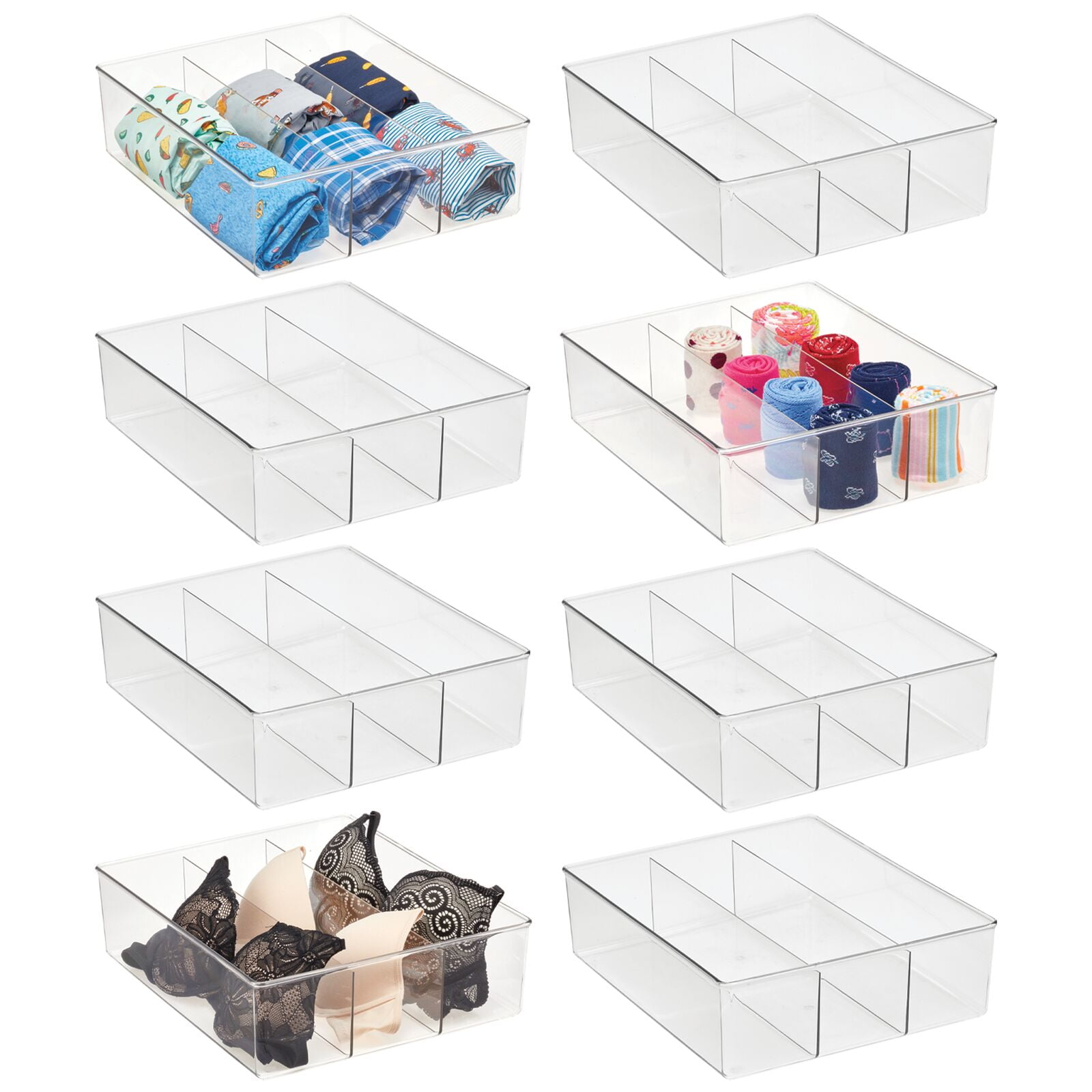 Mdesign Plastic Divided Closet Drawer Storage Bin 3 Sections 8 Pack