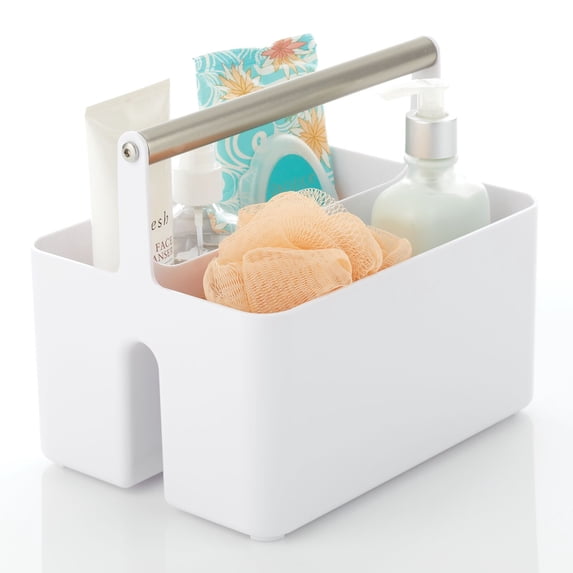 mDesign Plastic Shower Caddy, Divided Organizer Tote with Handle, White ...