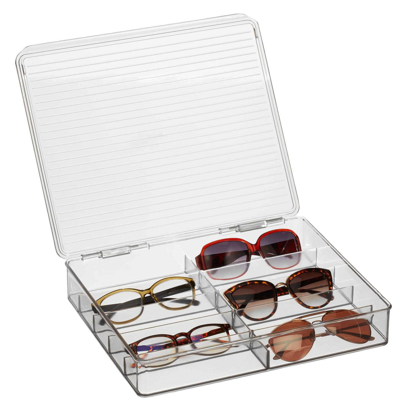 mDesign Plastic Stackable Divided Eyeglass Storage Organizer, Hinge Lid ...