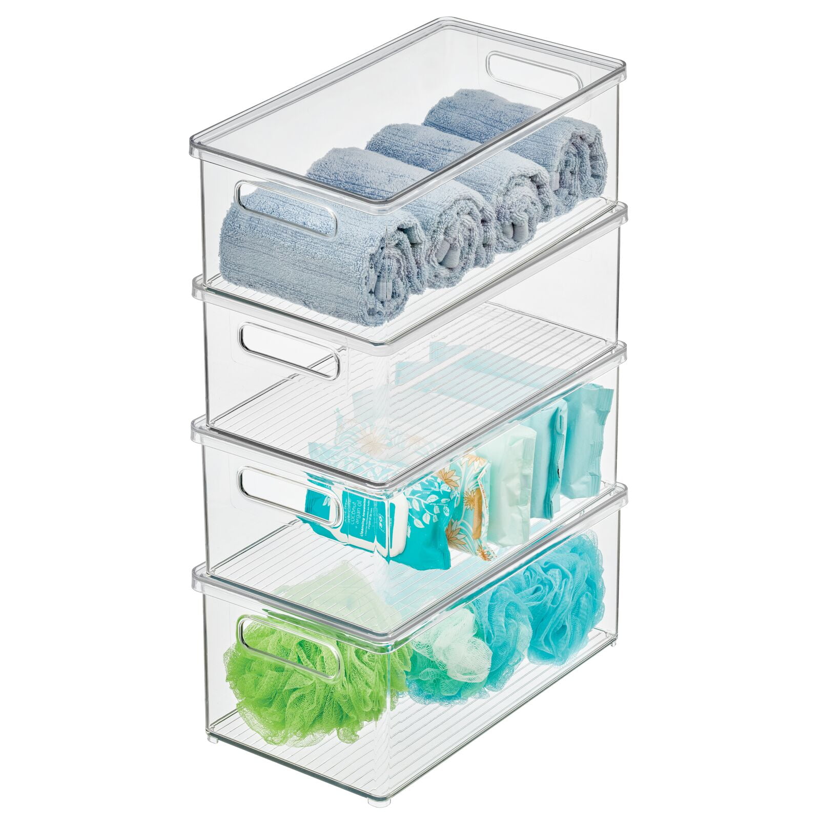 mDesign Plastic Storage Bin Box Container, Lid and Handles - 4 Pack ...