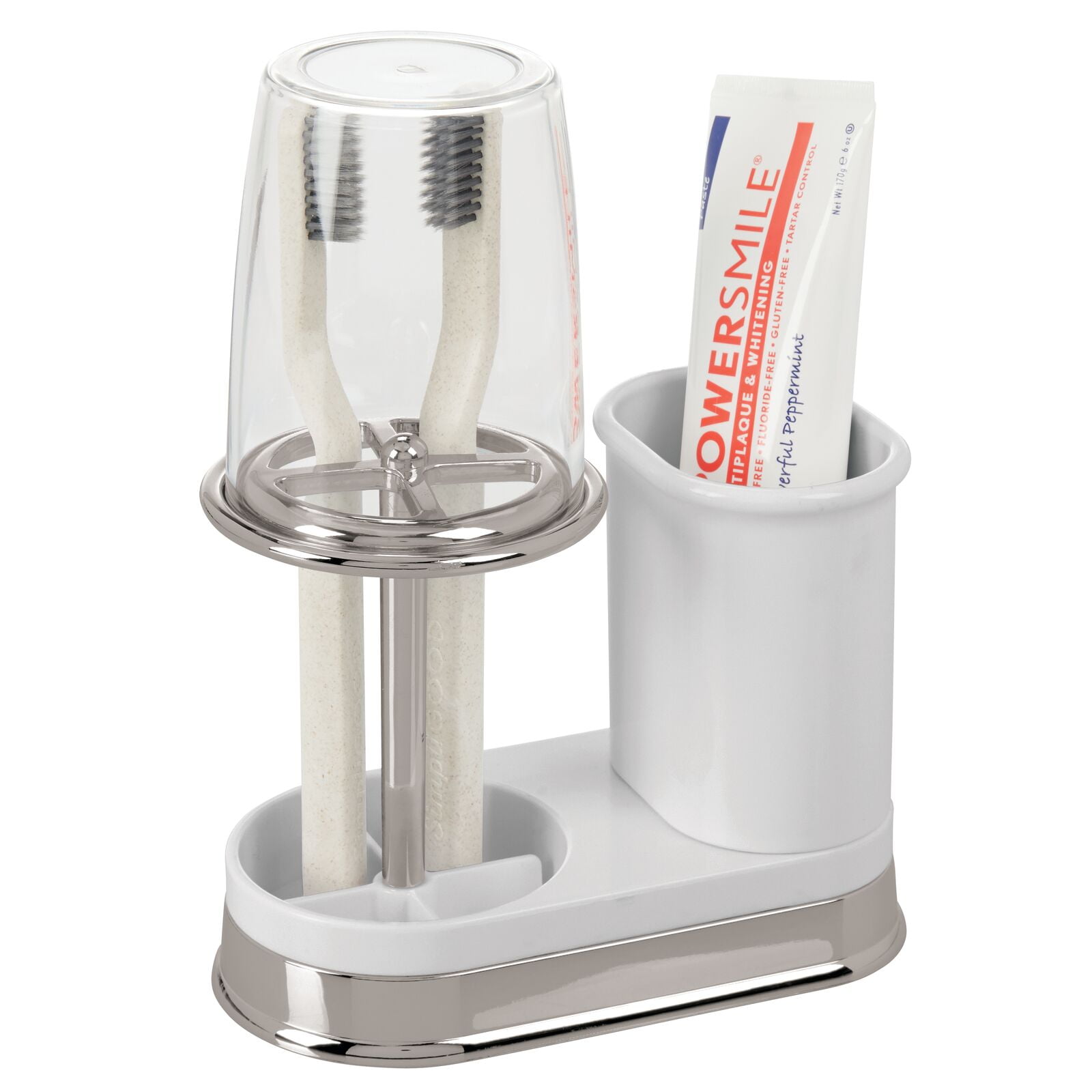 mDesign Bathroom Toothbrush Holder Stand with Cup, Light Gray/Brushed ...