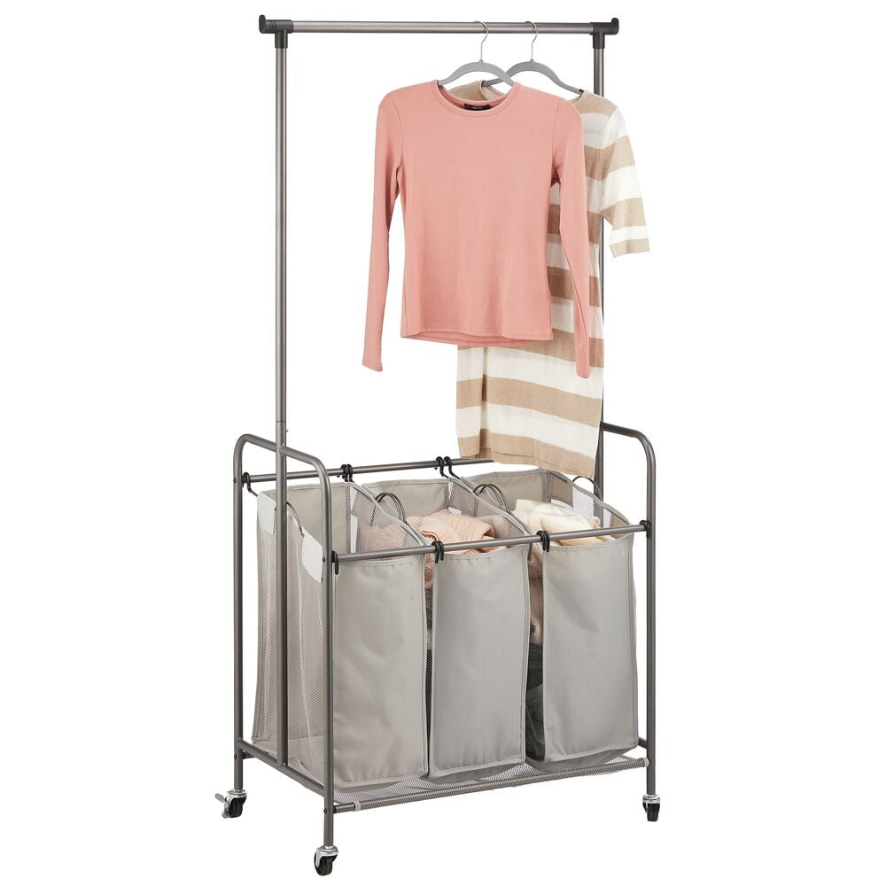 mDesign Portable Laundry Sorter with Wheels and Steel Hanging Bar ...