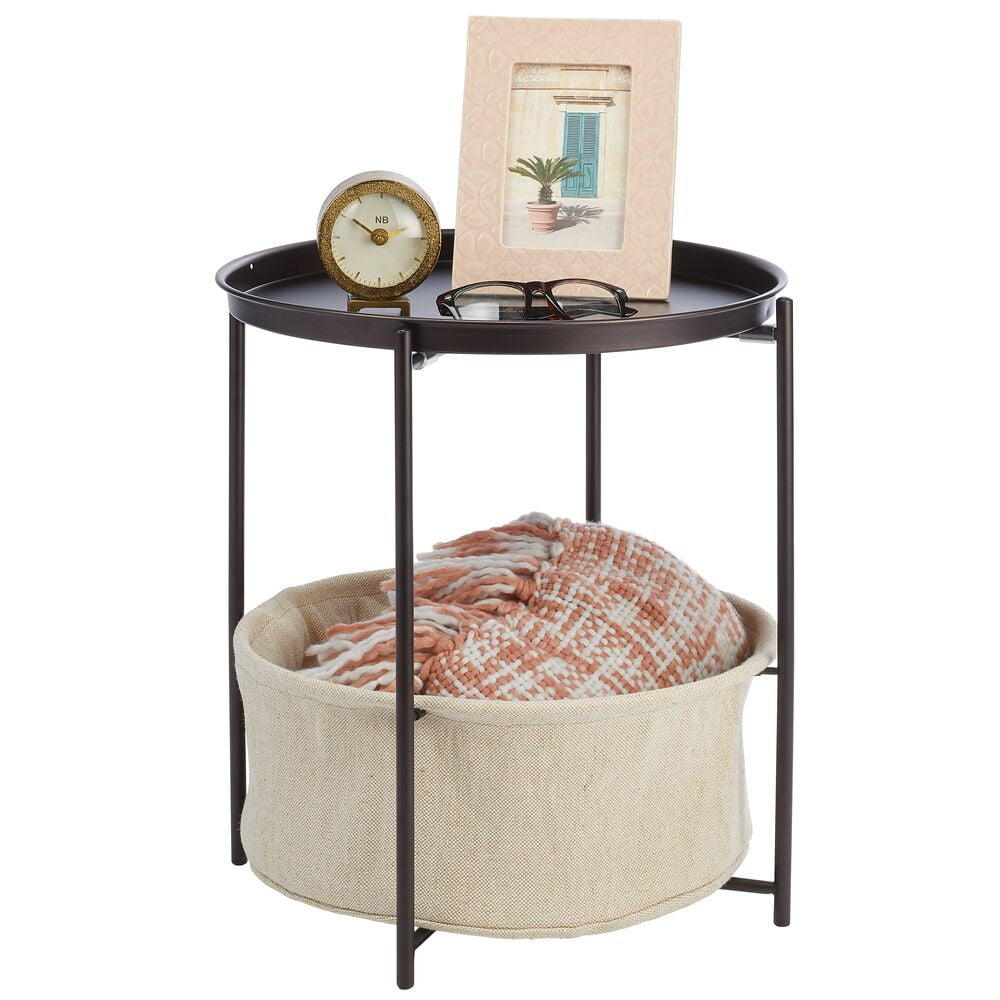 mDesign Round Nightstand Side/End Table and Woven Basket Storage Unit ...