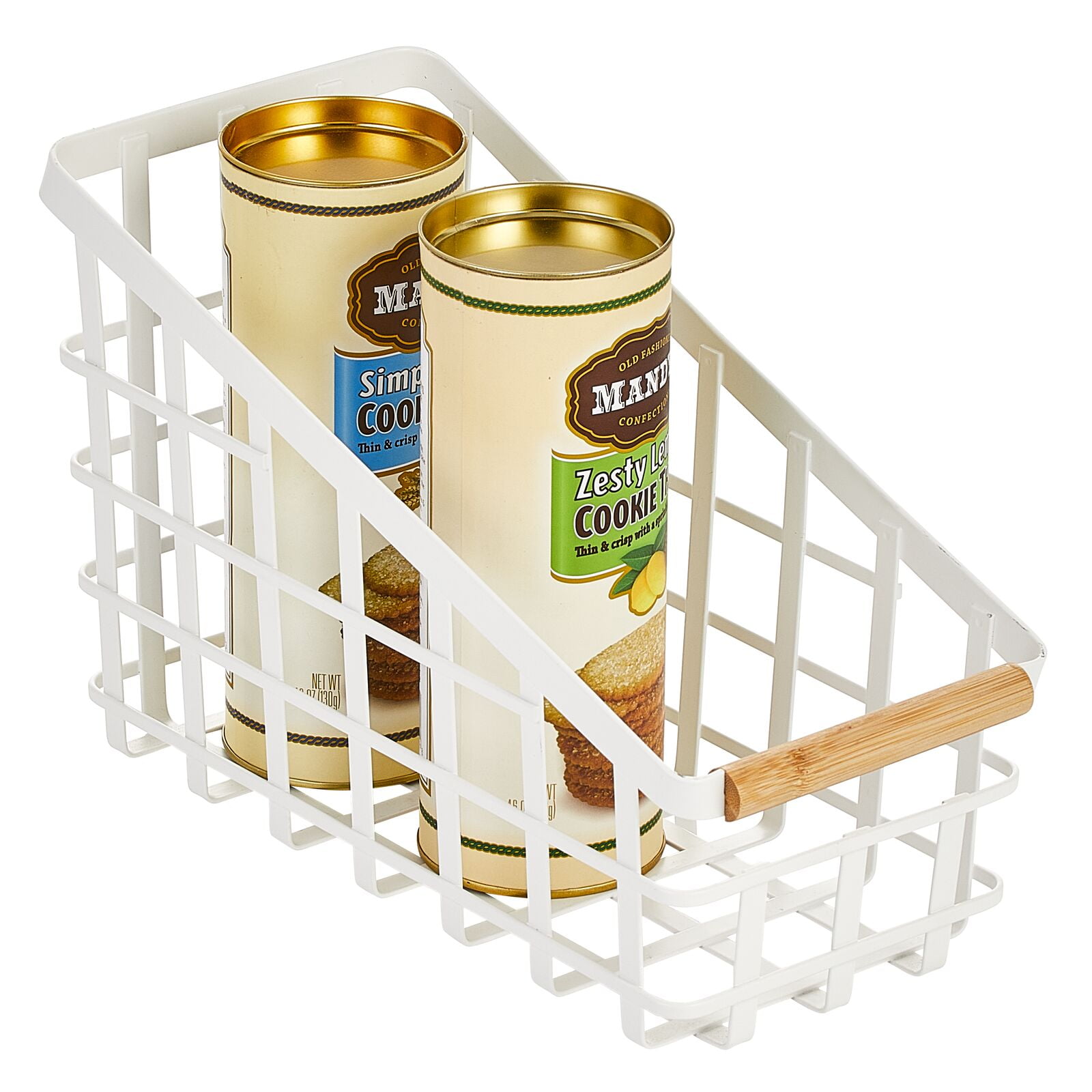 mDesign Slim Slanted Metal Kitchen Bin Basket, Wood Handle, Matte White ...