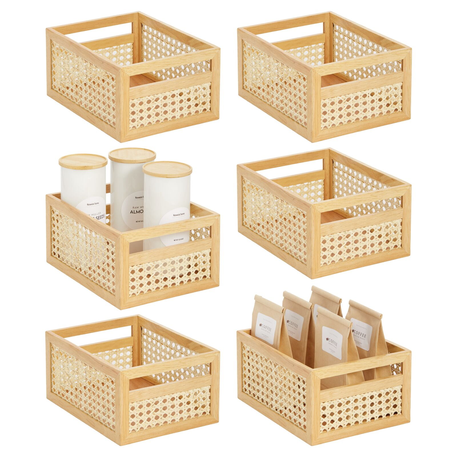 mDesign Small Natural Cane Kitchen Storage Bin with Handles, 6 Pack ...