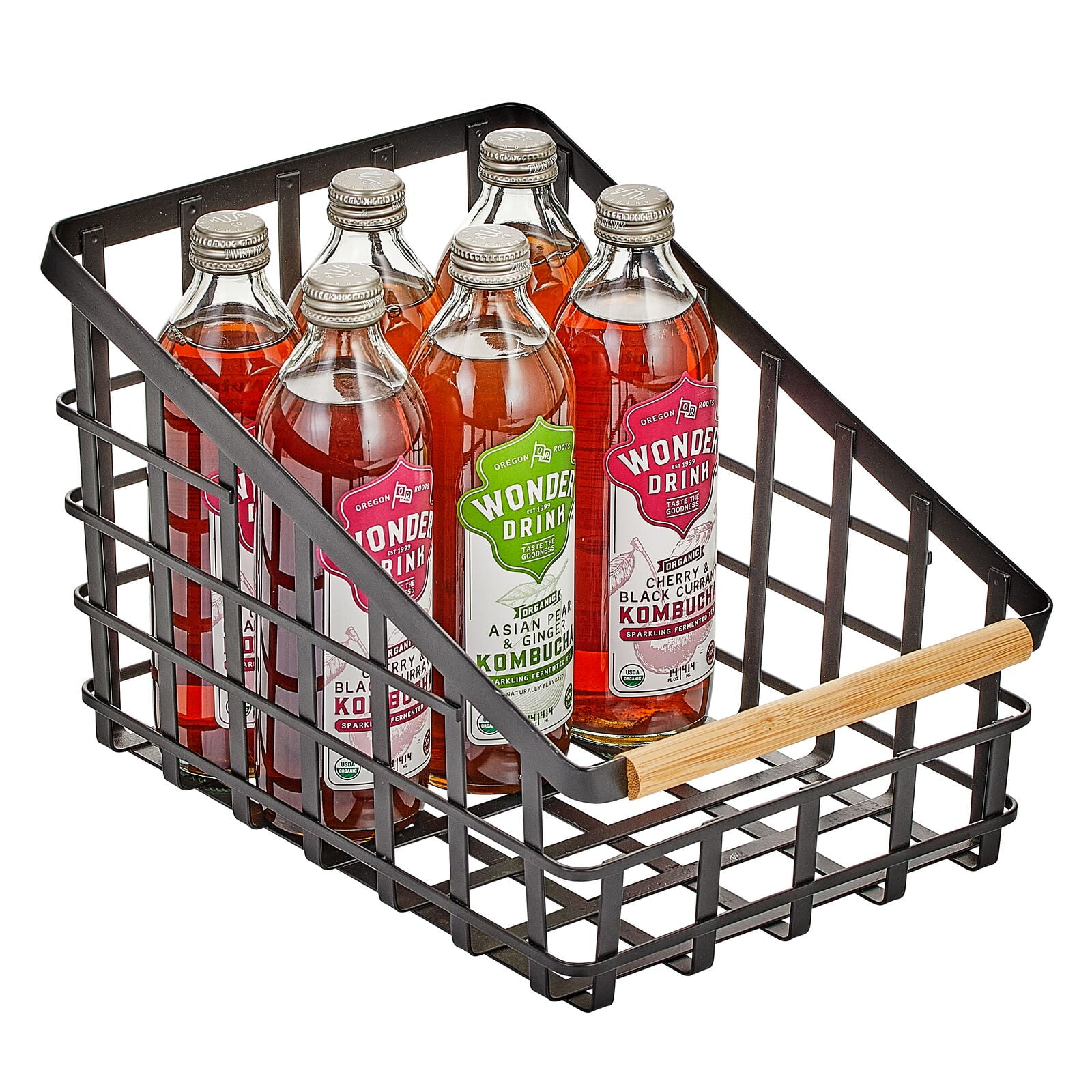 mDesign Small Slanted Metal Kitchen Basket with Wood Handle, Matte ...