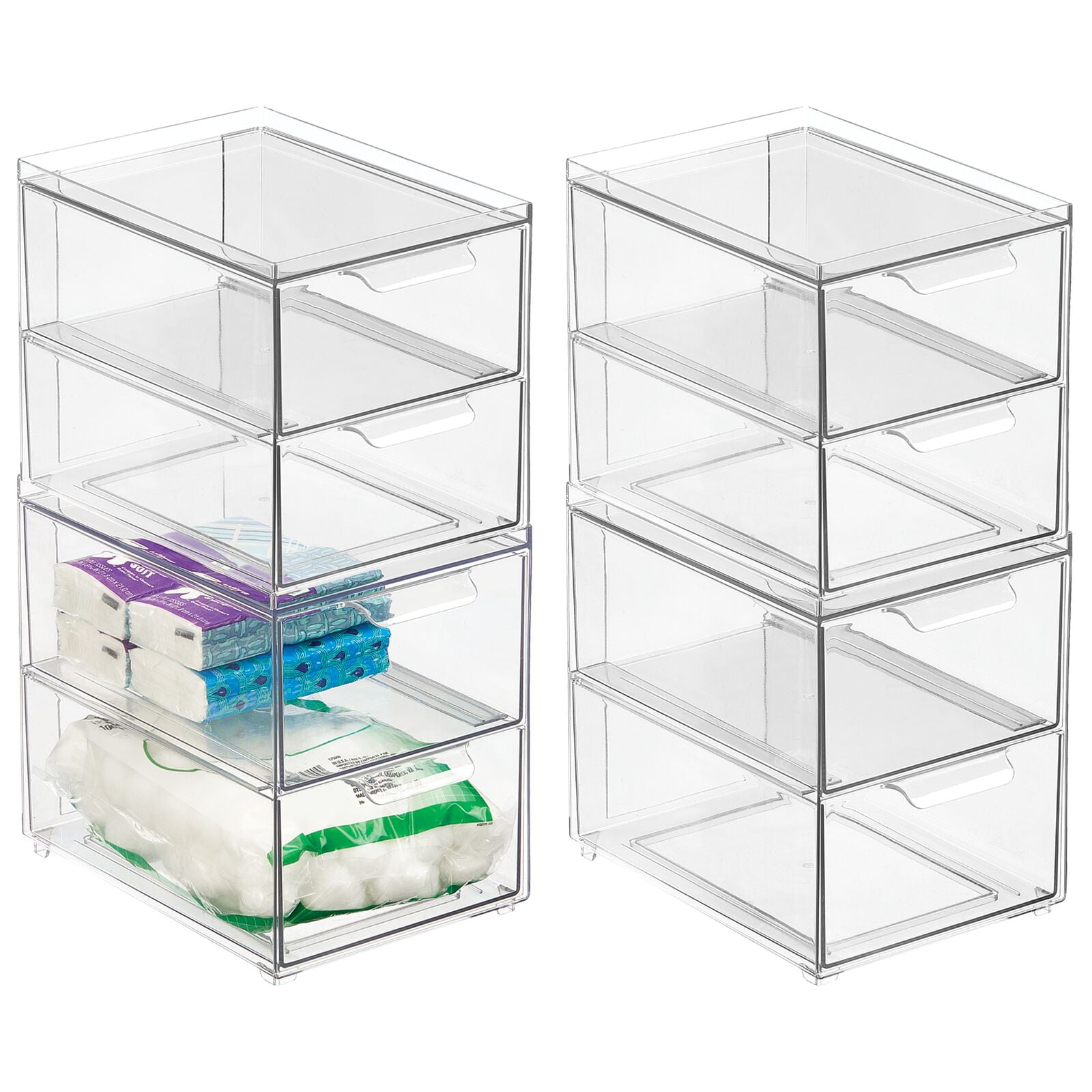 mDesign Bathroom Storage Organizer Bins with 2 Pull-Out Drawers, Stackable, Clear, 4 Pack ...