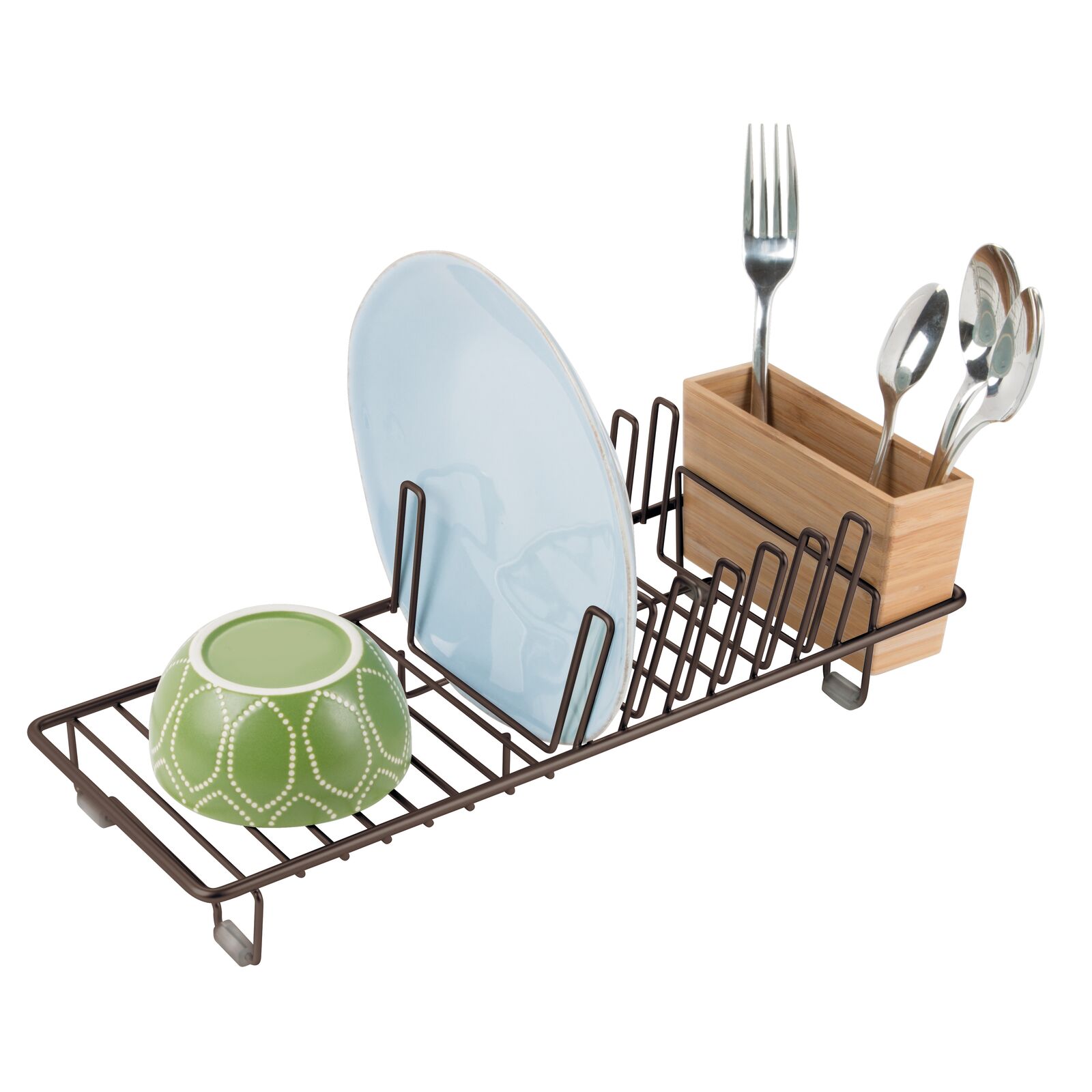 mDesign Steel Dish Drainer Rack, Bamboo Cutlery Caddy, Compact, Bronze ...