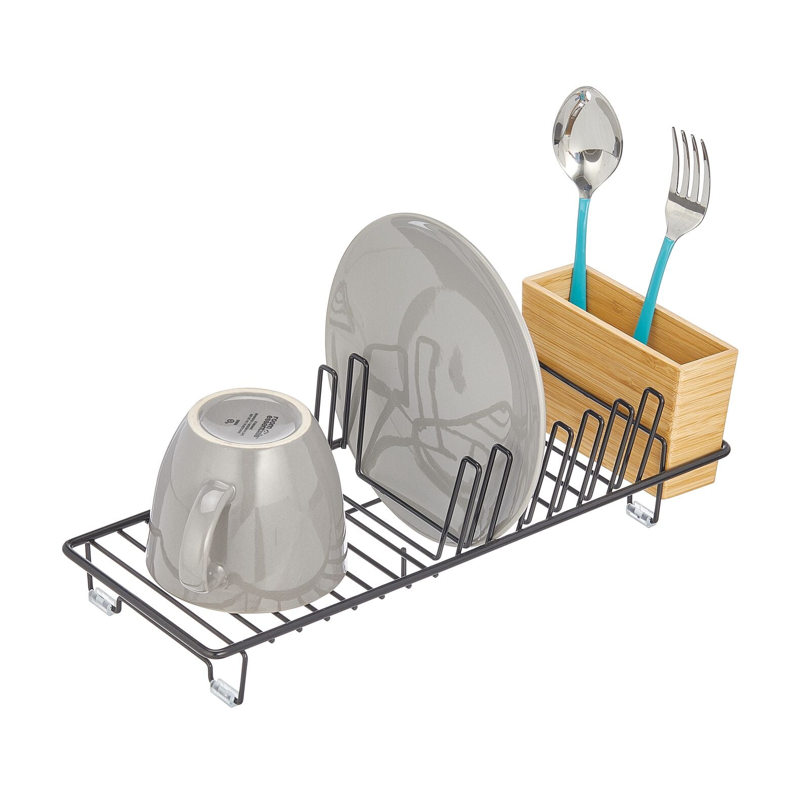 mDesign Steel Compact Dish Drainer Rack with Bamboo Cutlery Caddy ...