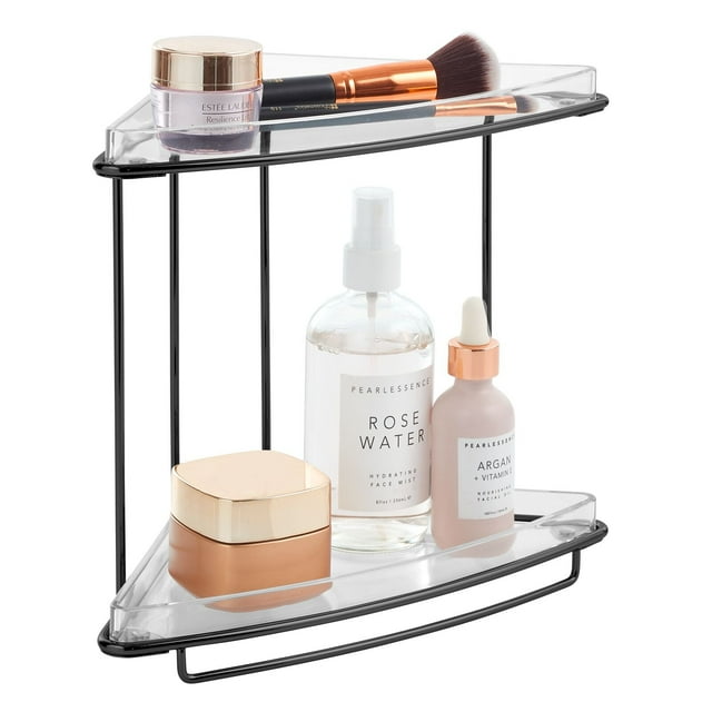 mDesign Steel/Plastic 2-Tier Bathroom Organizer Corner Shelf - Clear ...