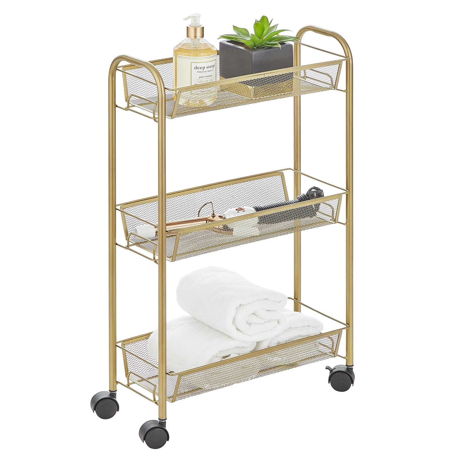 mDesign Narrow 3-Tiered Roller Utility Cart with Thin Wheels, Steel ...