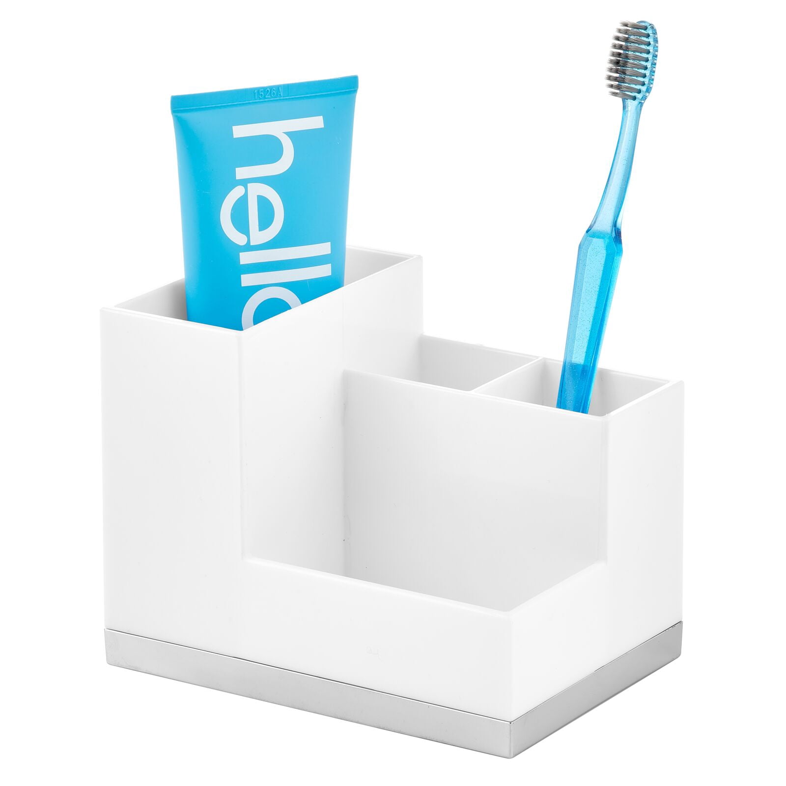 mDesign Toothbrush Holder, 4 Compartments, White and Chrome, Plastic ...