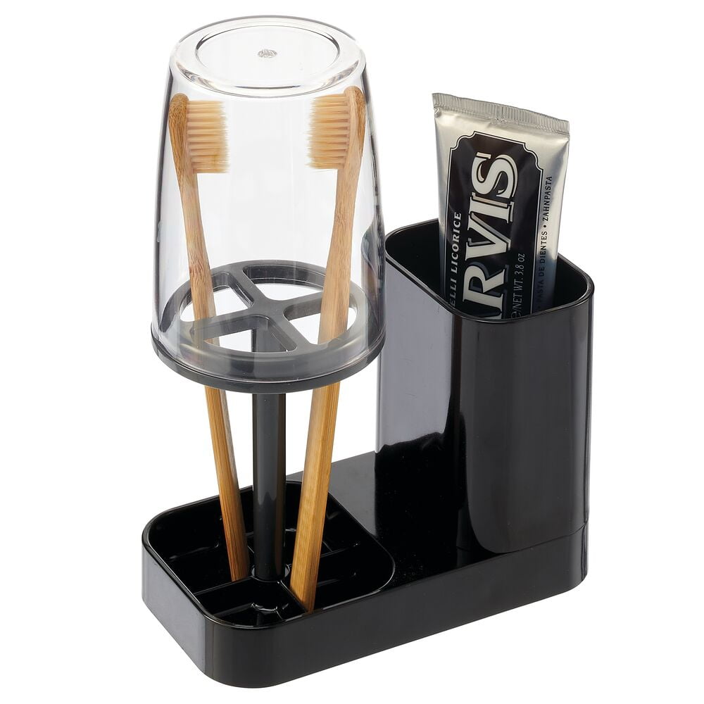 mDesign Toothpaste & Toothbrush Holder Stand with Rinsing Cup/Cover ...