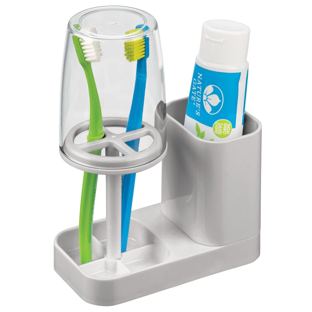 mDesign Bathroom Plastic Toothbrush Holder Stand with Small Enclosed ...