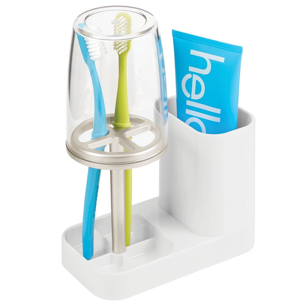 mDesign Toothpaste & Toothbrush Holder with Rinsing Cup - White/Satin ...