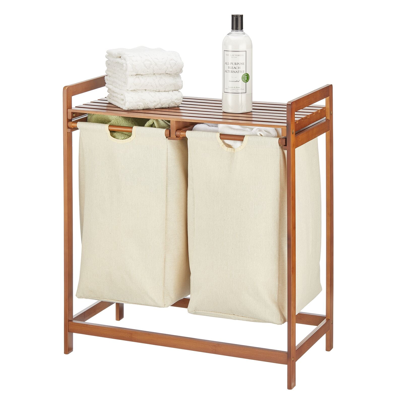 mDesign Bamboo Bathroom Freestanding Double Laundry Basket Hamper ...
