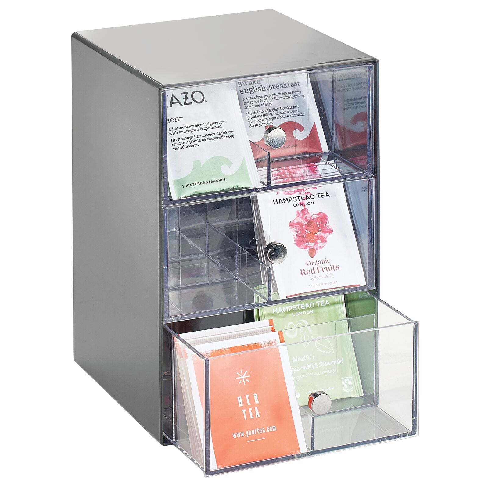 mDesign Wide Plastic Tea Organizer Tower for Kitchen, 3 Drawers, Dark ...